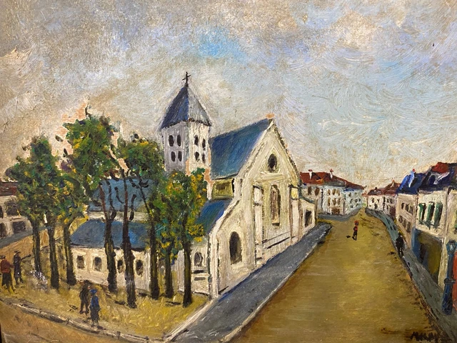 TABLEAU XXE HUILE sur carton signée MARIE GEORGES “village animé” place ...
