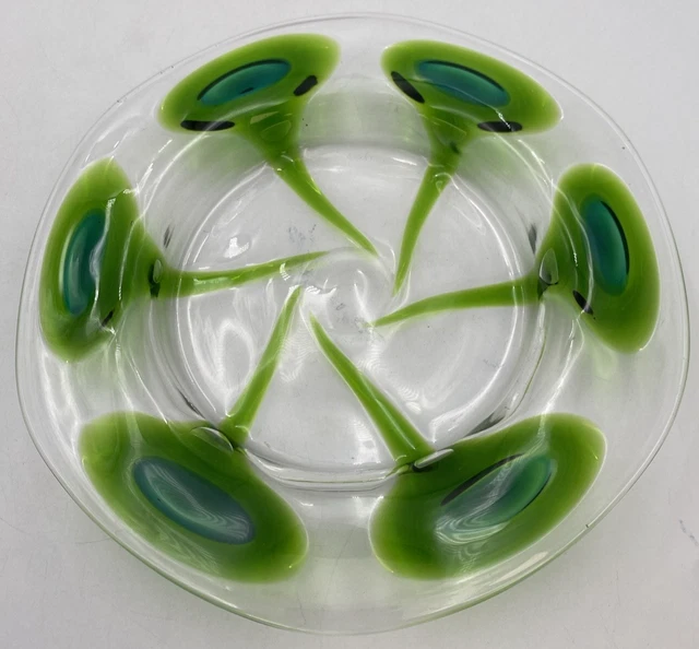 STUART & SONS Glass Plate/Bowl Green Peacock Tail 8.5 in K12 £75.00 ...