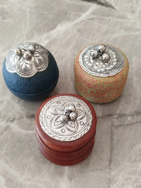 BOÎTES À PILULES artisanales asiatiques bois, papier mâché et argent ...