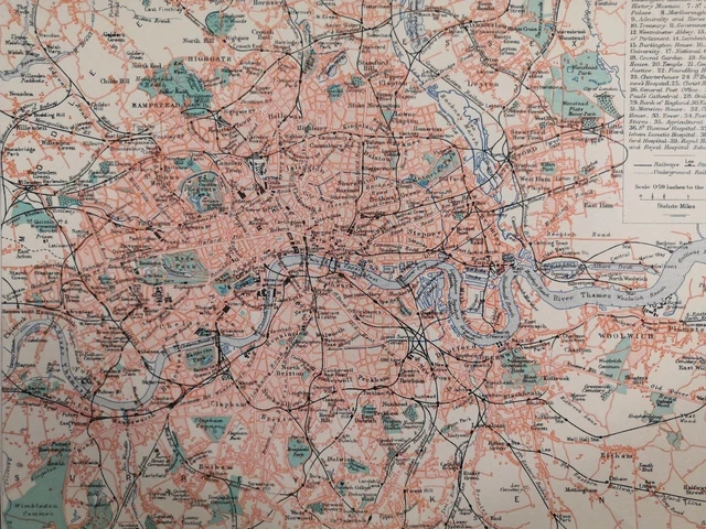 1900 LONDON ENGLAND City Vintage Geography Map ORIGINAL 11.5 x 9.5" C12 ...