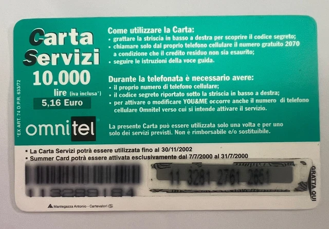 SCHEDA OMNITEL CARTA Servizi L. 10.000 Summer Card EUR 5,00 - PicClick IT
