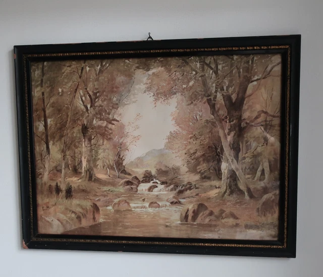 ANTIK GEMÄLDE E. Moeller Aquarell Landschaft Bild Holzrahmen 60x45 cm ...