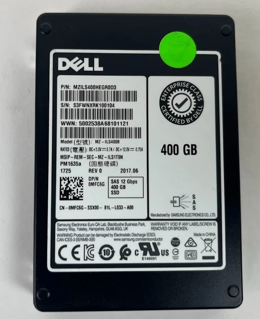 SAMSUNG DELL MZ-ILS400B 400GB 2.5" SAS Solid State Drive MFC6G ...