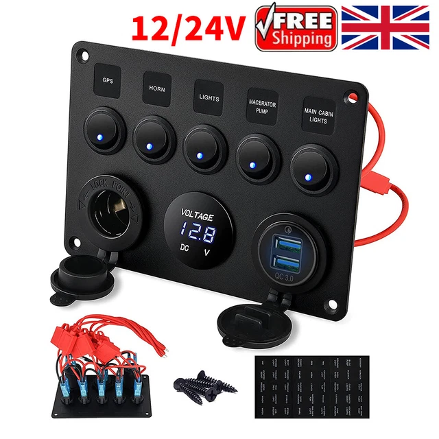 5 GANG CAMPERVAN RV 12V LED Light Switch Control Panel Voltmeter USB ...