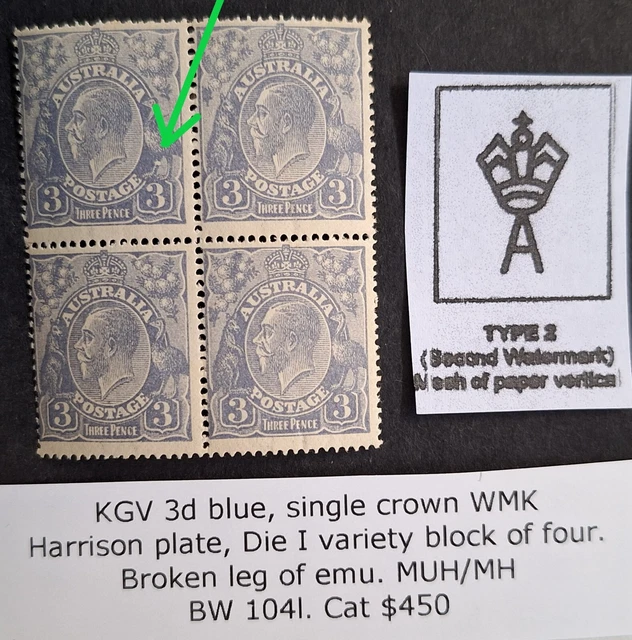 1924 AUSTRALIA BLK 4x3d Violet Blue KGV stamps 2nd WMK Mint/MUH Broken ...