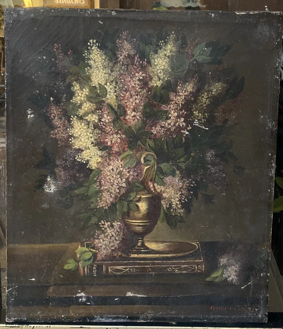 TABLEAU ANCIEN HUILE Bouquet de Fleurs Lilas Sign Quinçon XIXe 1877 A ...