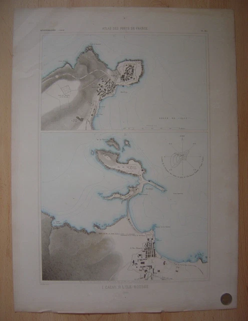 VERY LARGE 1889 MAP of the Port of Calvi and the Port of Ile Rousse ...