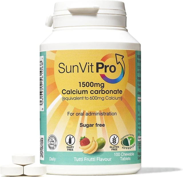 SUNVIT-PRO CALCIUM CARBONATE Tablets 600mg Tutti Frutti Flavor £9.03 ...