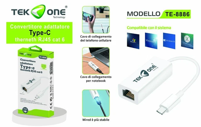 ADAPTATEUR CONVERTISSEUR TEKONE Te-8886 Type-C Modèle C Ethernet Rj75 ...
