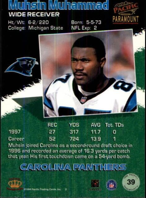 1998 CARTE DE football Paramount Red Carolina Panthers #39 Muhsin ...