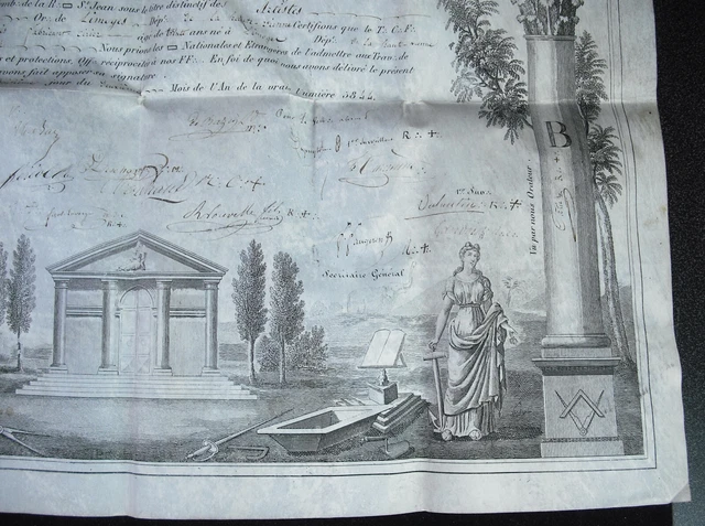 DIPLÔME FRANC-MAÇON 1844 Maître Louis Charaud Limoges cirier loge ...