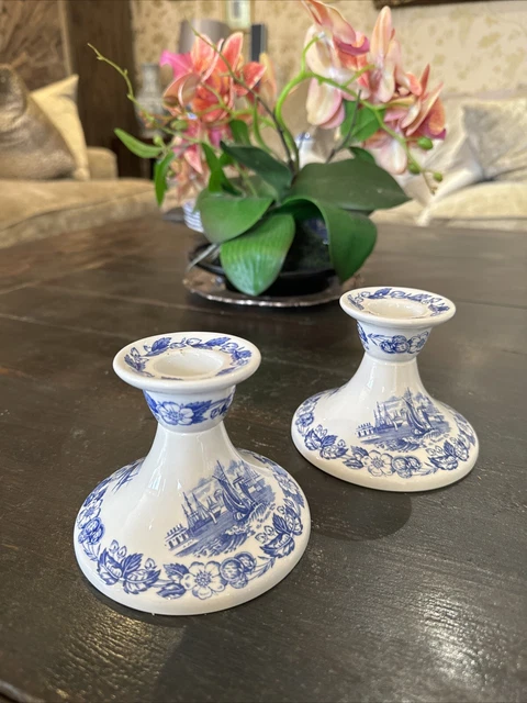 AUTHENTIC SPODE BLUE Room Collection 3” Candlestick Pair OLD SALEM 1925 ...