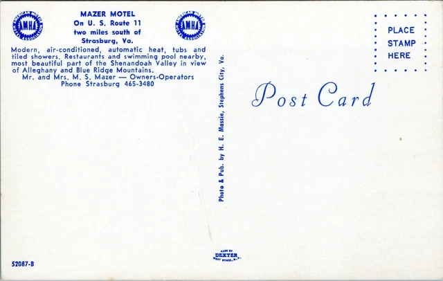 MAZER MOTEL ON U.S. Route 11 Strasburg Virginia postcard $17.71 ...
