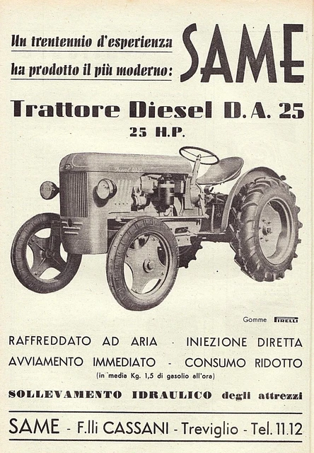 PUBBLICITA' 1952 TRATTORE Diesel Same D.a. 25Hp F.lli Cassani Treviglio ...