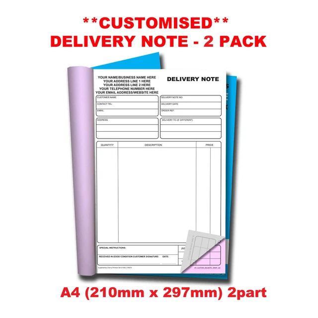 **PERSONALISED** NCR DELIVERY Note Duplicate Book A4 (210mm x 297mm) 2 ...