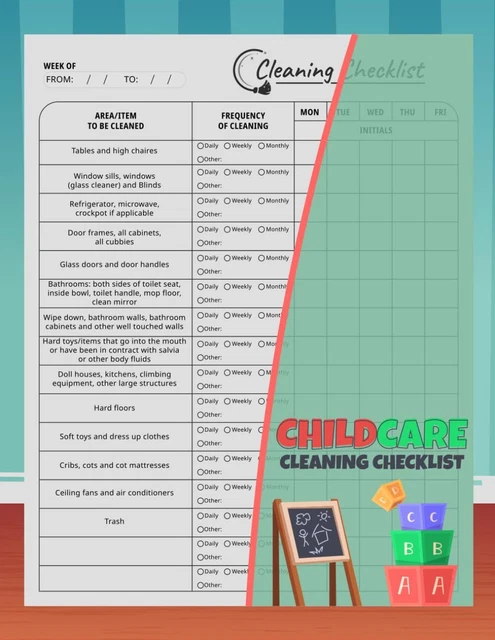 CHILDCARE CLEANING CHECKLIST: Daily Weekly & Monthly Cleaning And ...