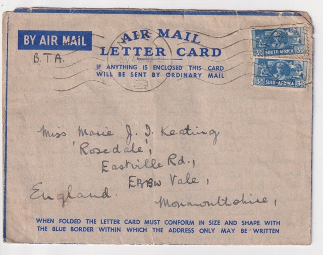 WW2 RAF EFTS Air Letter Dunnottar Nigel Transvaal RAF Letter to Ebbw ...