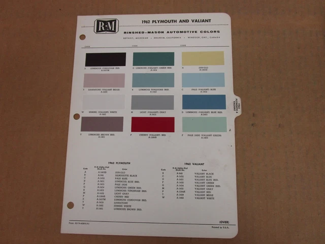 1962 PLYMOUTH VALIANT car paint color chip chart sheet sample £6.04 ...