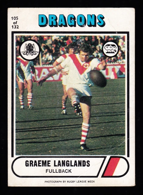 RARE 1976 SCANLENS NRL RUGBY LEAGUE CARD #105 Graeme Langlands St ...