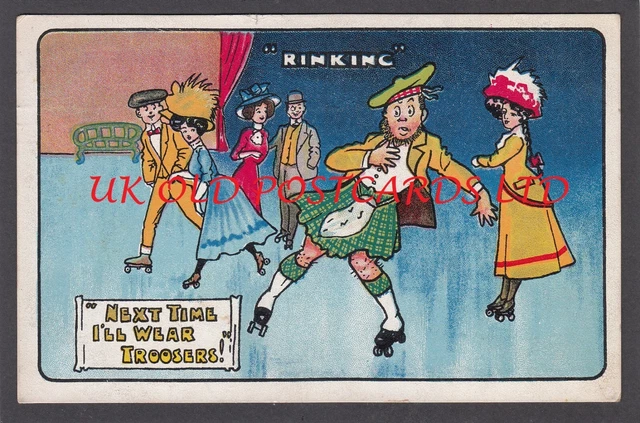 SCOTTISH MAN IN Kilt, Falling over, Roller Skating Comic Postcard, 1910 ...