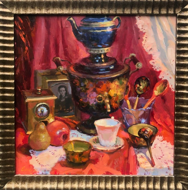 RUSSIAN TEA ORIGINAL oil painting Tea maker still life impressionism ...