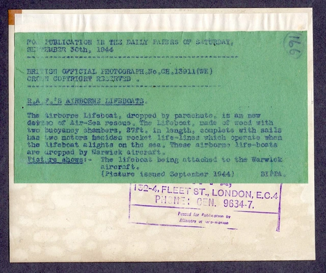VICKERS WARWICK ASR Raf Airborne Lifeboat Parachute Original Ww2 Press ...
