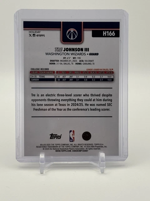2025-26 TOPPS HOLIDAY NBA Basketball Tre Johnson III Rookie Card #H166 ...