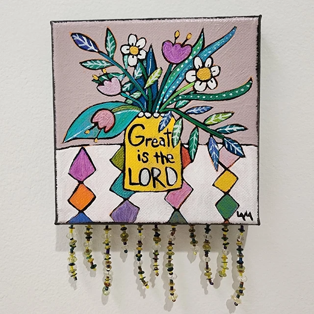 FOLK ART ORIGINAL Bible Scripture Great LORD Psalm Flower Vase Pot ...