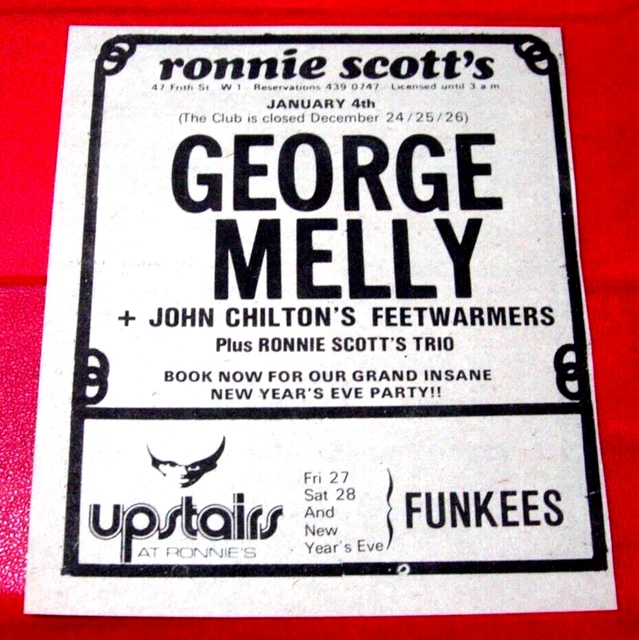 GEORGE MELLY/THE FUNKEES London Gig Vintage ORIG 1974 Press/Mag ADVERT ...