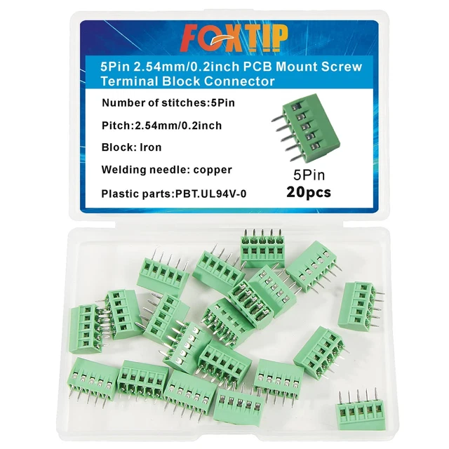 5-PIN PCB MOUNT Screw Terminal Block Connector - 2.54mm Pitch Rated for ...