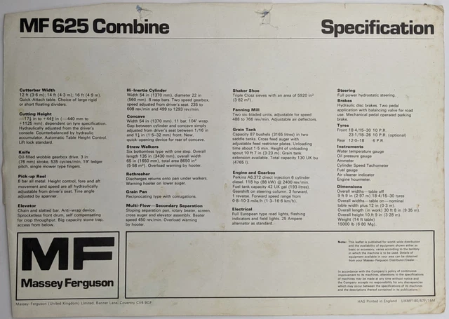 ORIGINAL MASSEY FERGUSON MF 625 Combine Single Sheet Brochure/Datasheet, c 1970s £8.00 - PicClick UK