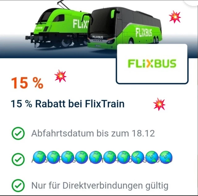 💥💥 15% FLIXBUS FlixTrain Gutschein Rabatt Code Discount Key 24/7 💥💥 EUR ...