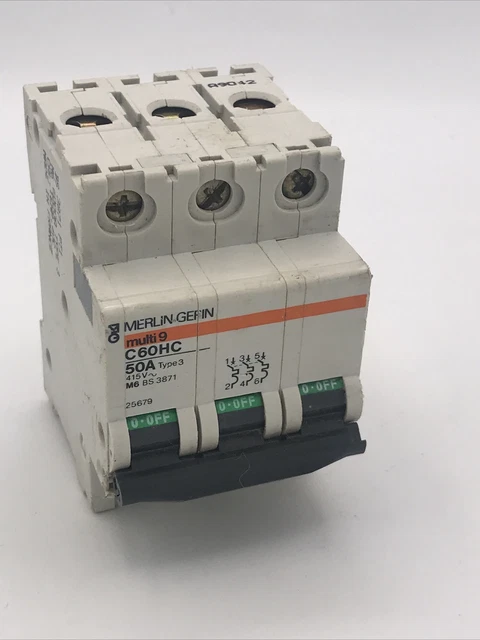 MERLIN GERIN MCB 50 Amp Triple Pole 3 Phase Breaker Type 3 M6 50A C60HC350 25735 EUR 14,76 ...