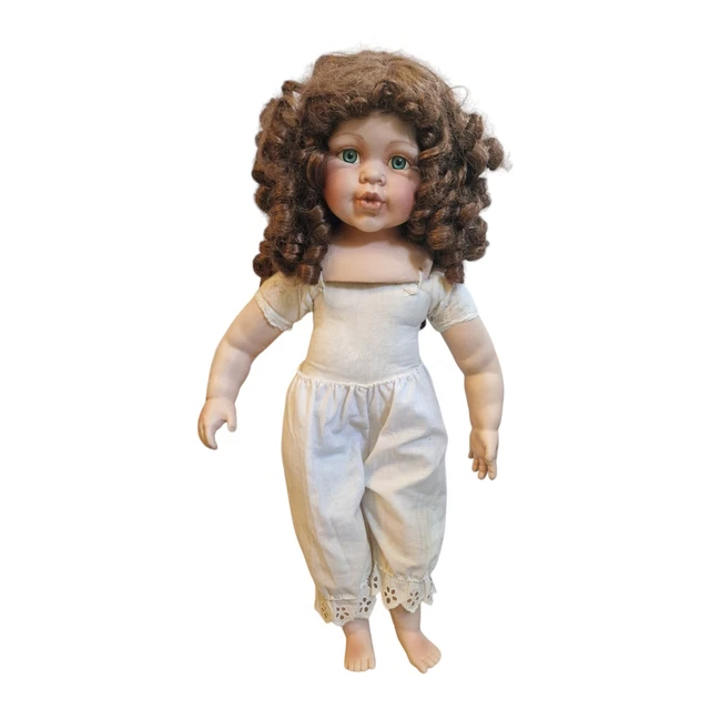 PORCELAIN DOLL BROWN Ringlets Curly Hair Green Eyes Stuffed Torso Well ...