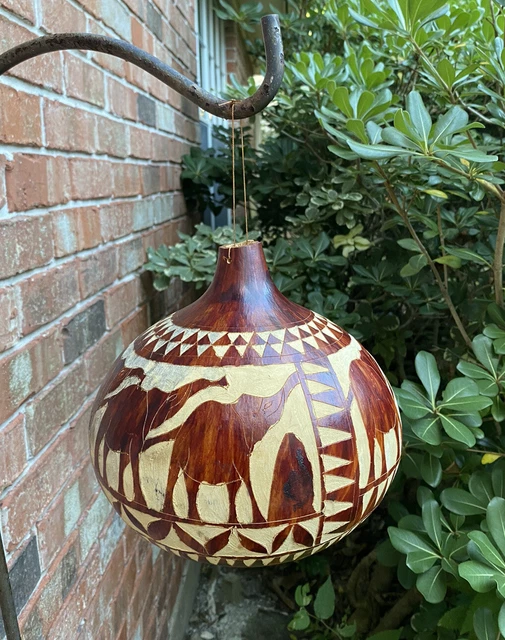 VTG AFRICAN TRIBAL Folk Art Hand Carved Gourd Vase Elephant Giraffe ...