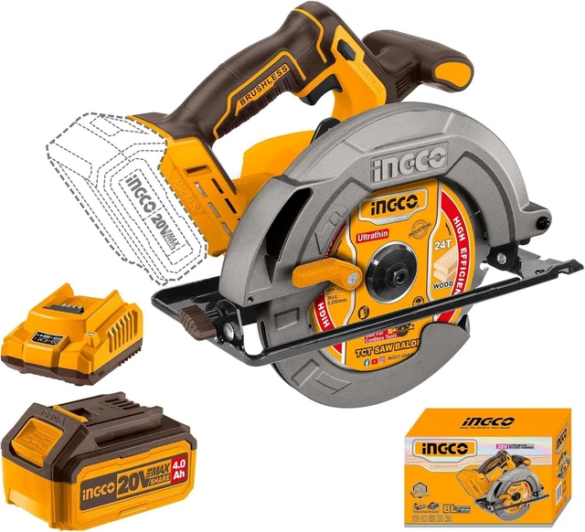 INGCO CORDLESS BRUSHLESS Circular Saw 4800 RPM 185mm, 1*4.0Ah Battery ...