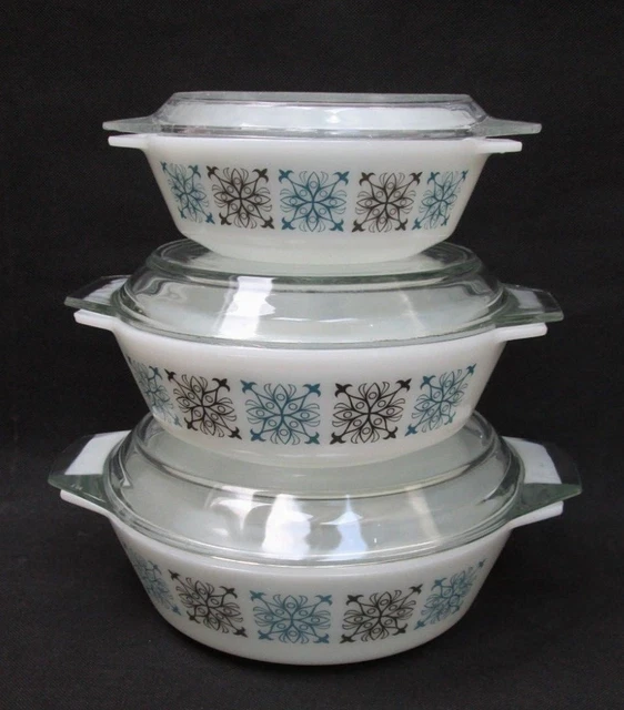 VINTAGE JAJ PYREX CHELSEA Set of 3 Casserole Oven Dishes & Clear Lids £ ...