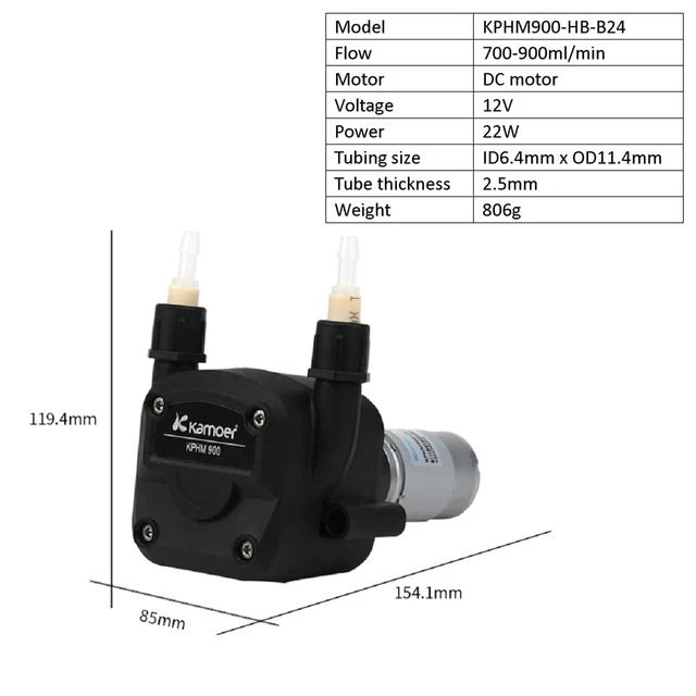 KAMOER KPHM900-HB-B24 900ML/MIN High Flow Peristaltic Pump 12V Dc Brush ...