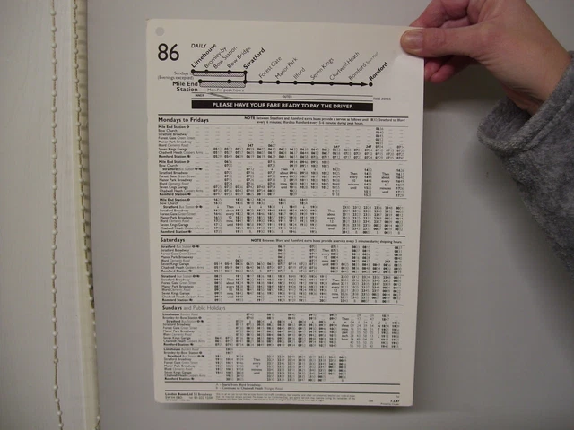 LONDON TRANSPORT BUS Stop Panel Timetable-Route 86-Febuary 1987-Used ...