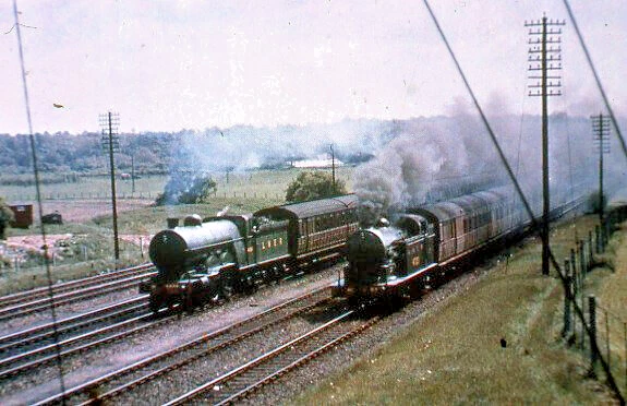 4434 NE32 C1 green) on a down Peterborough train overtakes N2 4725 ...