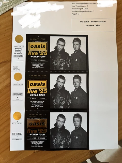 OASIS LIVE 25 Official World Tour Souvenir Ticket - Commemorative £15. ...