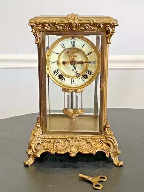 ANTIQUE ANSONIA CRYSTAL Regulator Mantle Clock Brass & Beveled Glass £ ...