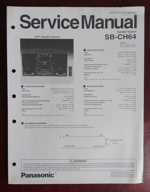 PANASONIC SPEAKERS SPEAKER System SB-CH64 Repair Service Manual ...