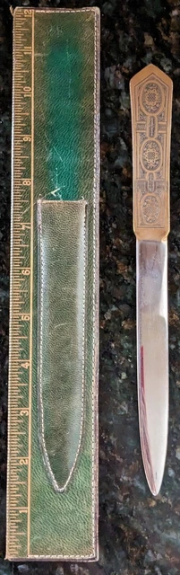 ANTIQUE PAPER KNIFE letter opener with green Leather ruler Sheath $25. ...