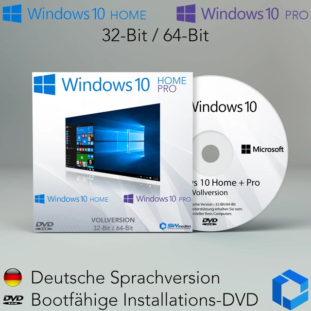 WINDOWS 10 HOME + Pro 32 + 64-Bit Bootfähige Installations Dvd ...