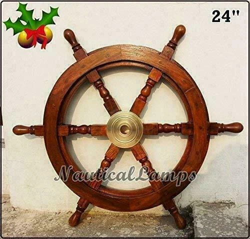 ROUE DE BATEAU de 24 pouces, moyeu en laiton et bois de pirate, décoration... EUR 70,15 ...