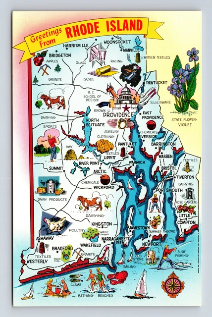 PICTORIAL TOURIST ATTRACTION Map State Flower Greetings Rhode Island RI ...