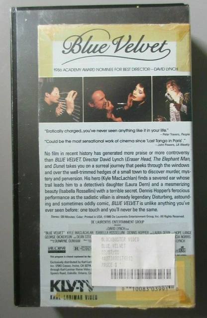 1986 BLUE VELVET VHS Tape Dennis Hopper Kyle Maclachlan Laura Dern $18. ...