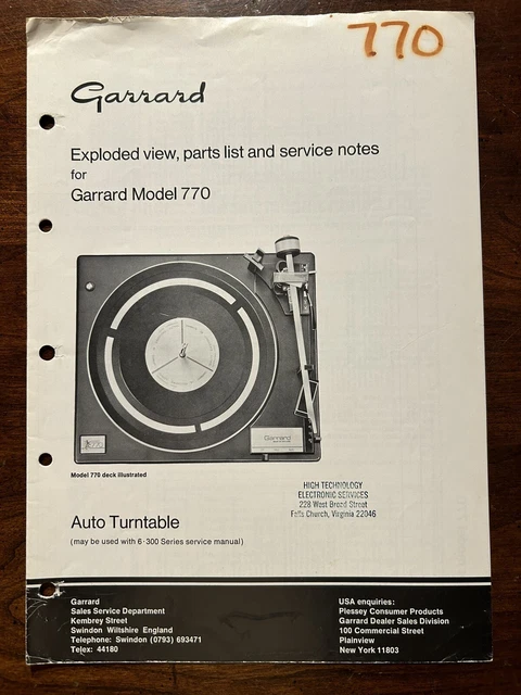 GARRARD MODEL 770 Auto Turntable Exploded View OEM Service Manual Notes ...