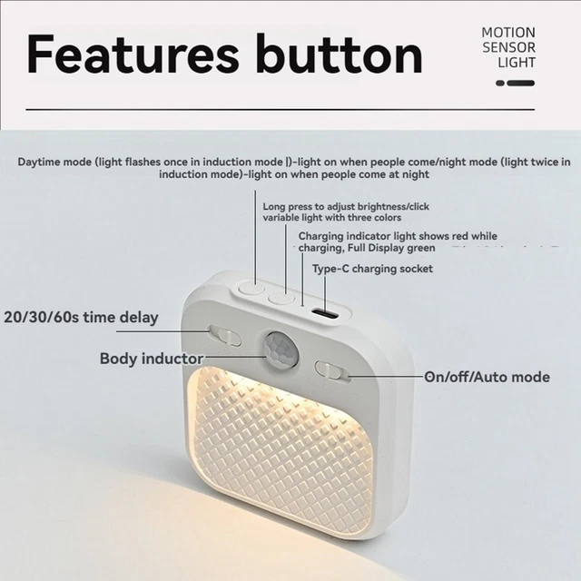 MOTION SENSOR LED Night Light Rechargeable Stick-on Magnet Night Lamp ...